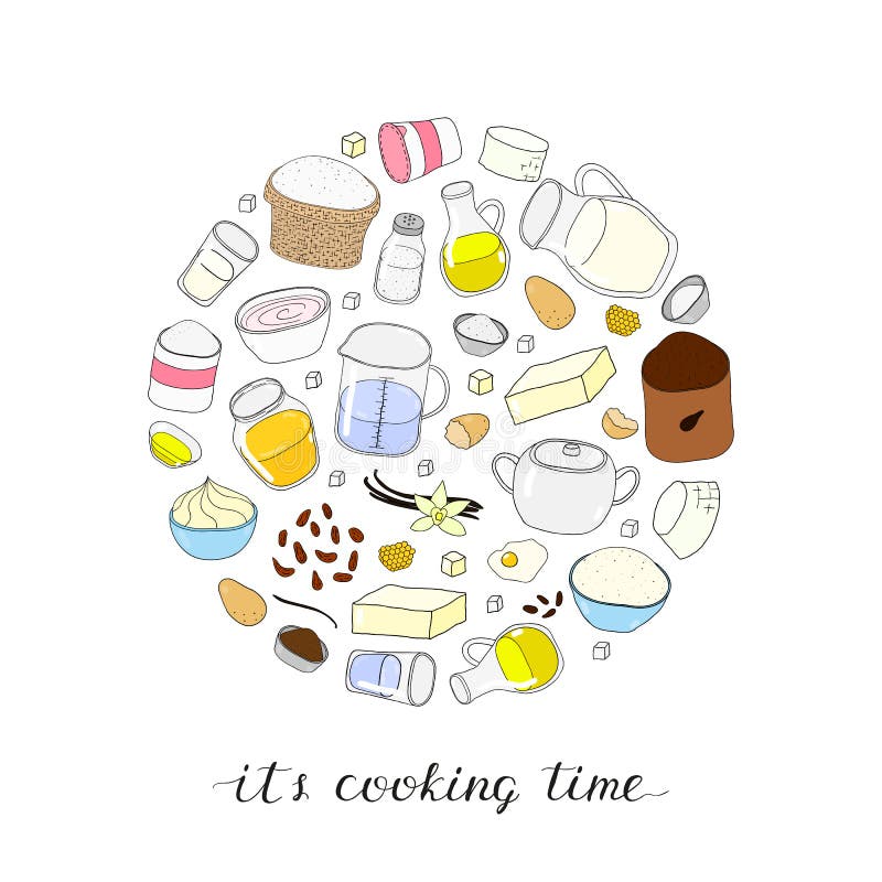 Hand Drawn Baking Ingredients in Circle. Stock Vector - Illustration of ...