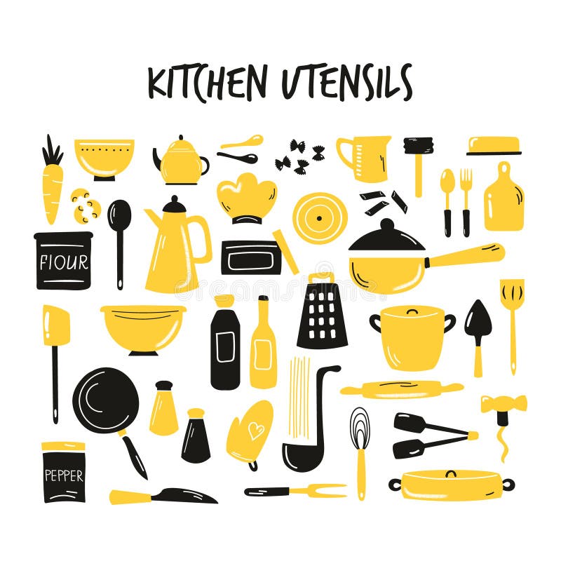 Hand Drawn Banner, Background with Cooking Utensils, Amenities. Vector ...