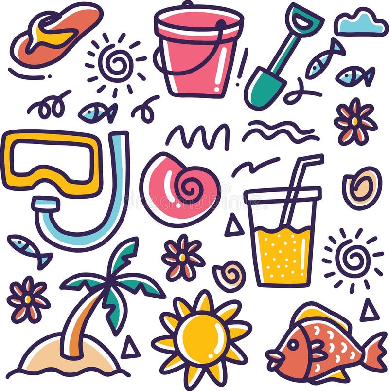 Hand drawn beach doodle stock vector. Illustration of character - 212751087