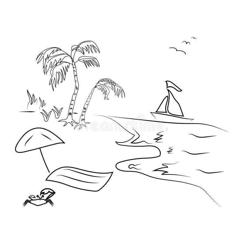 Hand Drawn Beach Scene Illustration Sketch Design in Black and White ...