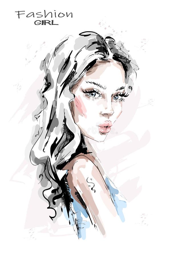 Hand Drawn Beautiful Young Woman with Long Hair. Stylish Girl. Fashion ... Hand Drawn Beautiful Young Woman with Long Hair. Stylish Girl. Fashion ...