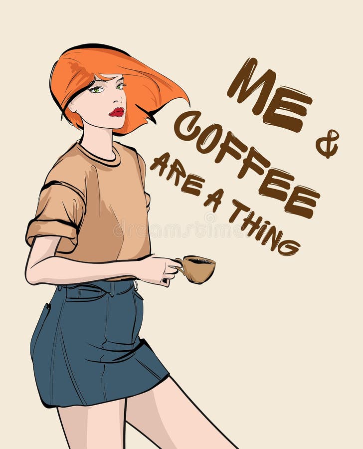 Hand Drawn Beautiful Young Woman Portrait. Fashion Girl with Coffee Cup ... Hand Drawn Beautiful Young Woman Portrait. Fashion Girl with Coffee Cup ...