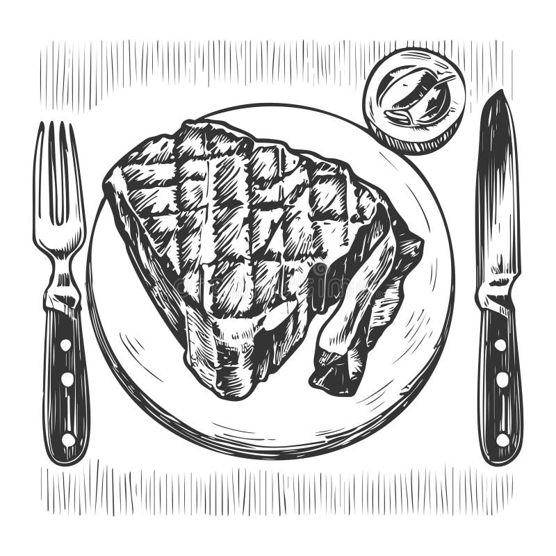 Hand Drawn Beef, Lamb and Pork Extra or Medium Rare Steak Stock Vector ...