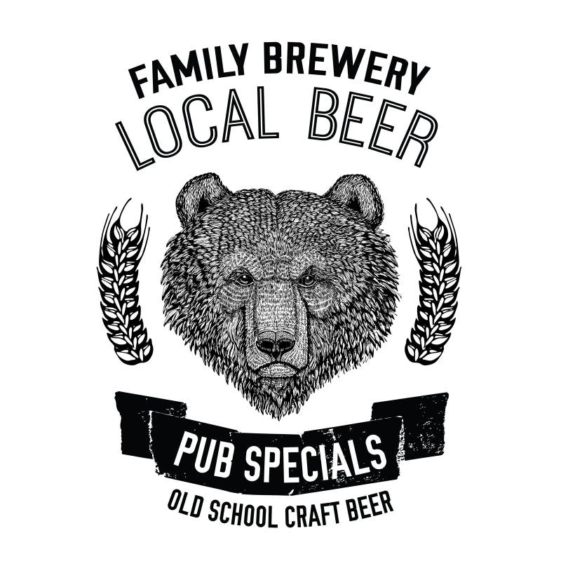 Hand Drawn Beer Emblem with Brown Bear for Logotype, Badge, Menu Cover ...