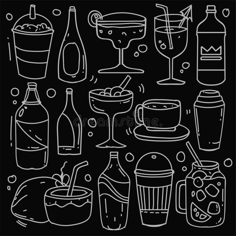 Hand Drawn of Beverages in Doodle Style Isolated on Black Background ...