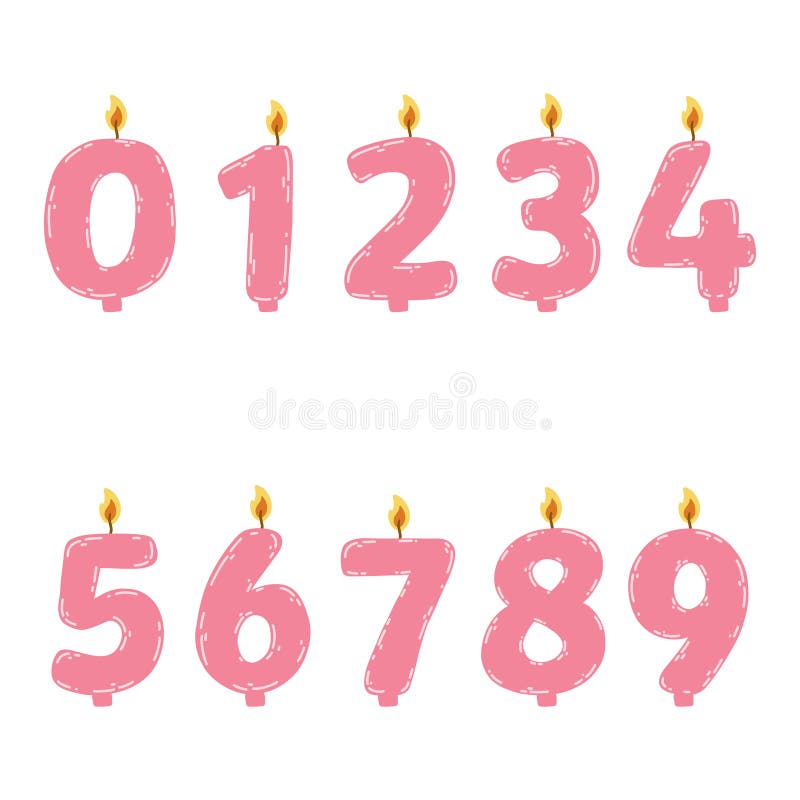 Hand Drawn Birthday Candles Numbers with Burning Flame. Vector ...