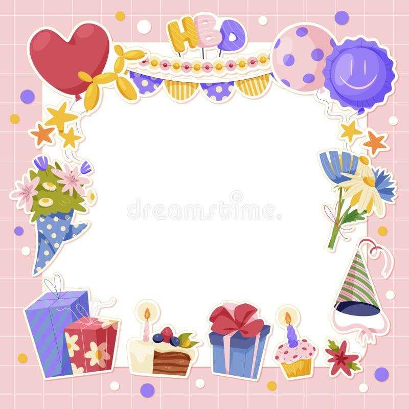 Hand Drawn Birthday Stickers Frame Stock Illustration - Illustration of ...