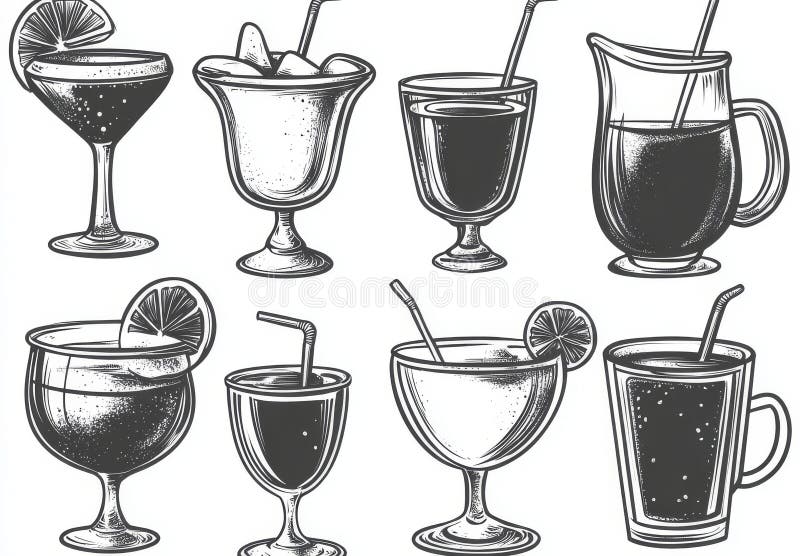 Hand-drawn Black Sketch of a Cocktail Set, Modern Illustration Stock ...