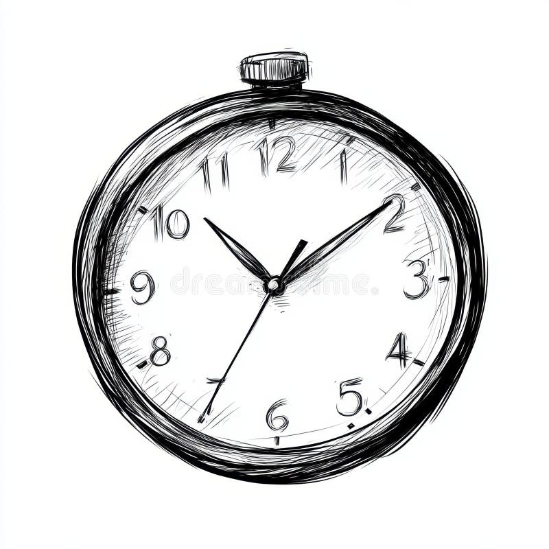 Hand-drawn Black and White Analog Clock with Numbers and Hands Stock ...