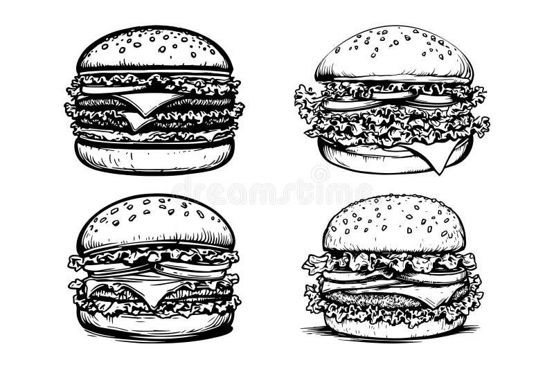 Hand-Drawn Black and White Burger Illustrations Set Stock Vector ...