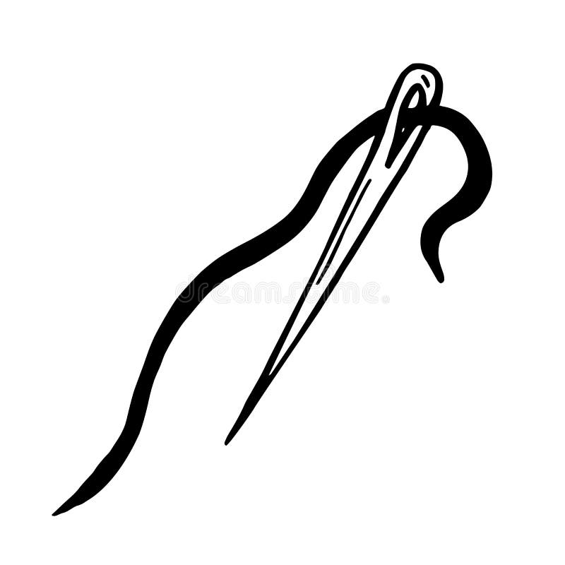 Hand Drawn Black and White Cartoon Sewing Needle and Thread Stock ...