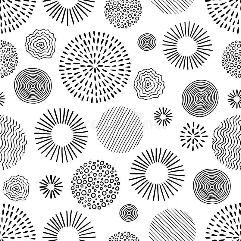 Hand Drawn Black, White Circle Seamless Pattern. Doodle Style Abstracrt ...