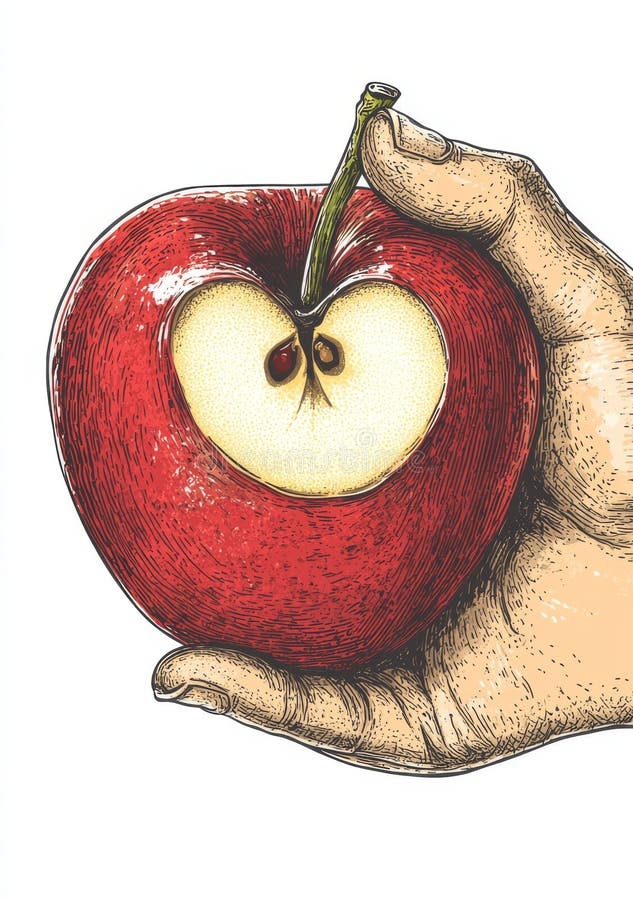 Hand-drawn Black and White Engraving Illustration of a Bitten Apple ...