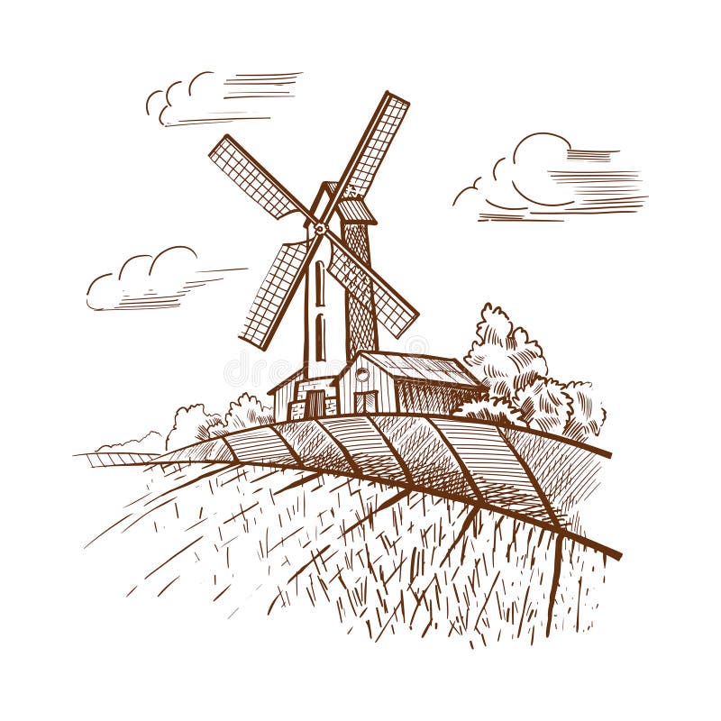 Hand Drawn Black and White Illustration of Old Mill. Sketch of Mill ...