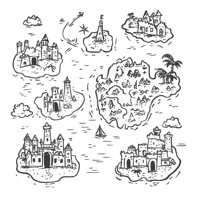 Hand-Drawn Treasure Map with Castles and Islands, Adventure ...