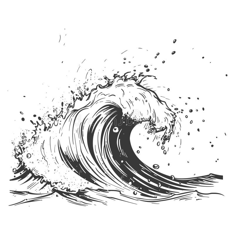 Powerful Ocean Wave, Hand-Drawn Illustration. a Majestic, Crashing Wave ...