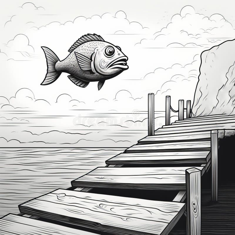 Hand-drawn Blackline Vector Illustration of a Jumping Fish from the ...
