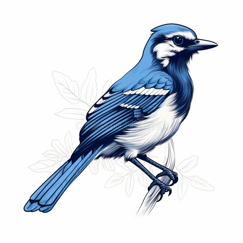 Hand Drawn Blue Jay Vector Illustration in White and Azure Stock ...