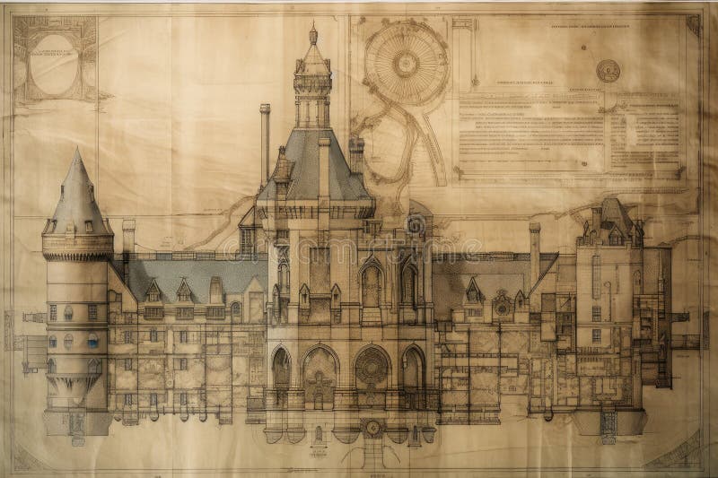 Hand-drawn Blueprints for a Castle with Intricate Details and Stunning ... Hand-drawn Blueprints for a Castle with Intricate Details and Stunning ...