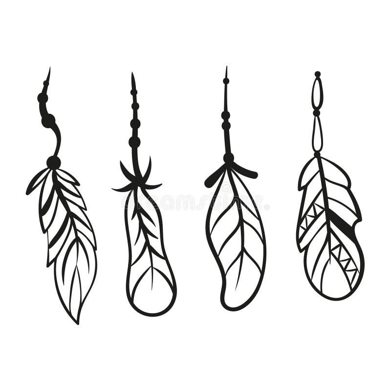 Hand Drawn Boho Feathers Set. Stylized Vector Feathers in Black and ...