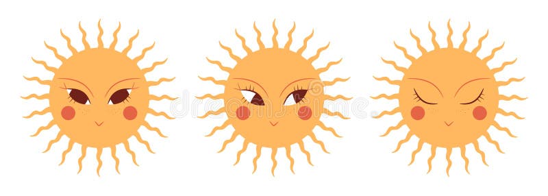 Hand Drawn Boho Sun Characters Set. Cartoon Sun Emoji Stock Vector ...
