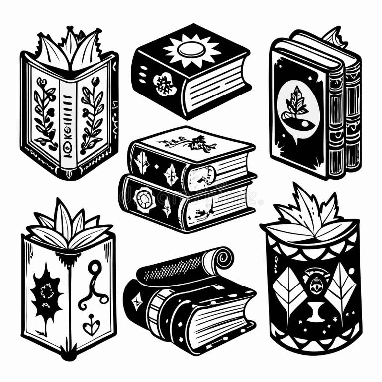 Hand-Drawn Book Stack Doodle Set – 6 Unique Black and White Sketch ...