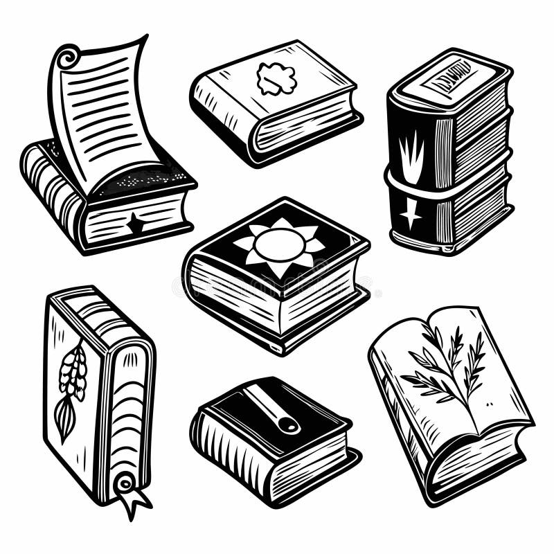 Hand-Drawn Book Stack Doodle Set – 6 Unique Black and White Sketch ...