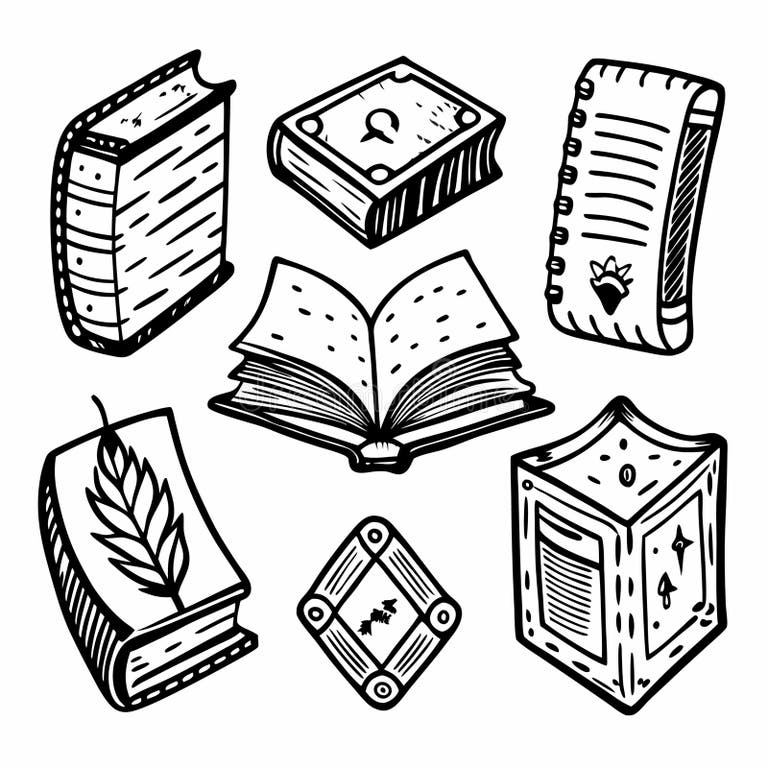 Hand-Drawn Book Stack Doodle Set – 6 Unique Black and White Sketch ...