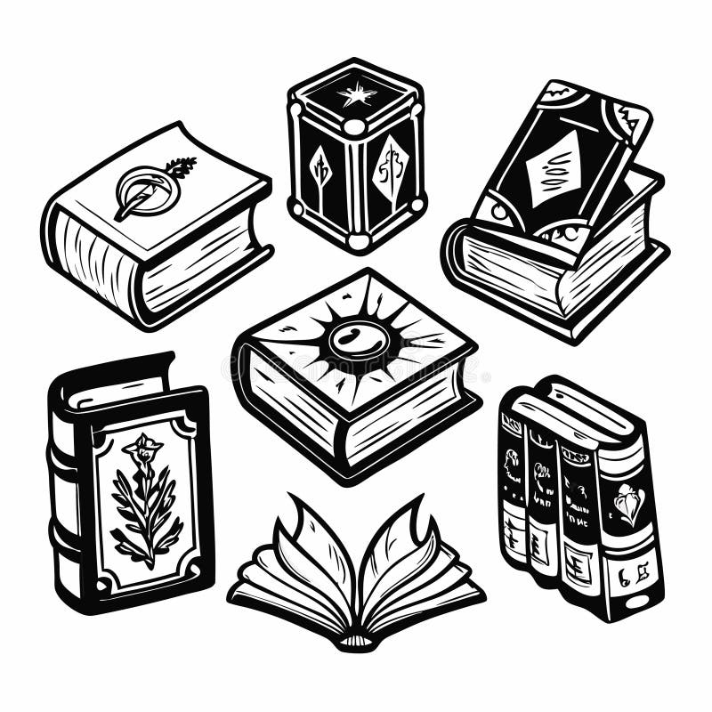 Hand-Drawn Book Stack Doodle Set – 6 Unique Black and White Sketch ...