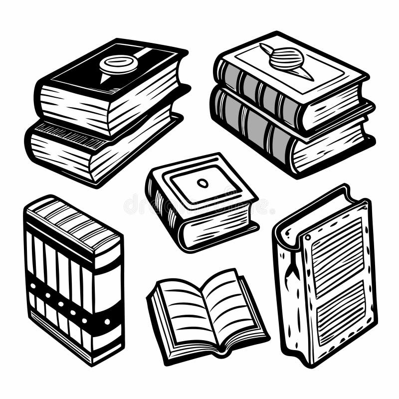Hand-Drawn Book Stack Doodle Set – 6 Unique Black and White Sketch ...