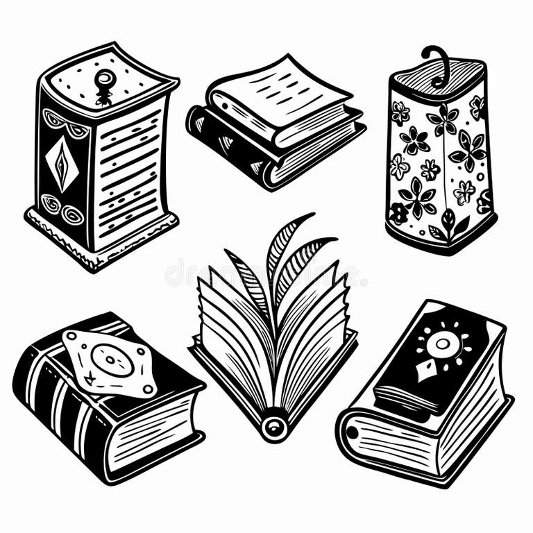 Hand-Drawn Book Stack Doodle Set – 6 Unique Black and White Sketch ...