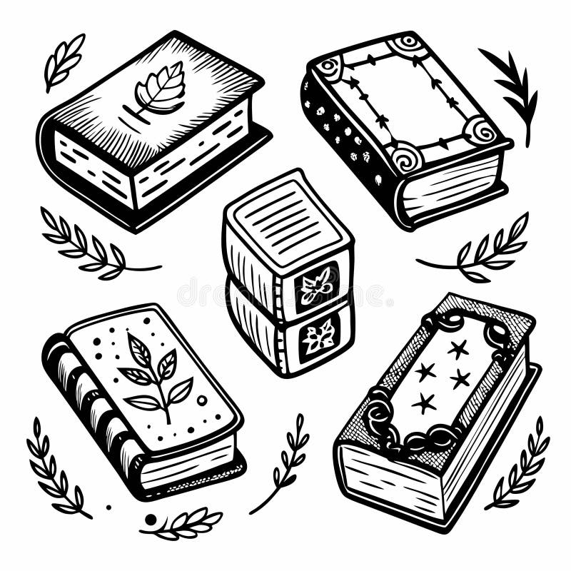 Hand-Drawn Book Stack Doodle Set – 6 Unique Black and White Sketch ...