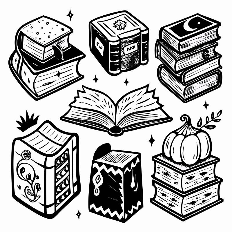 Hand-Drawn Book Stack Doodle Set – 6 Unique Black and White Sketch ...