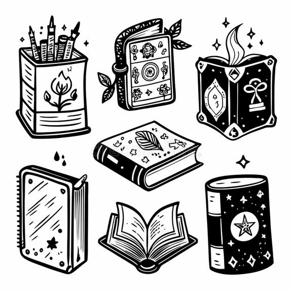 Hand-Drawn Book Stack Doodle Set – 6 Unique Black and White Sketch ...