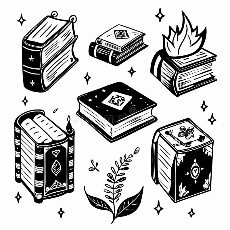 Hand-Drawn Book Stack Doodle Set – 6 Unique Black and White Sketch ...