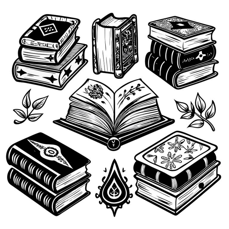 Hand-Drawn Book Stack Doodle Set – 6 Unique Black and White Sketch ...