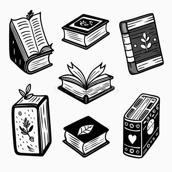 Hand-Drawn Book Stack Doodle Set – 6 Unique Black and White Sketch ...