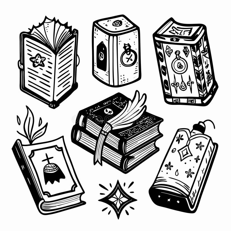 Hand-Drawn Book Stack Doodle Set – 6 Unique Black and White Sketch ...