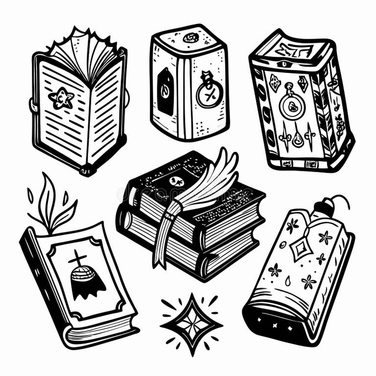 Hand-Drawn Book Stack Doodle Set – 6 Unique Black and White Sketch ...