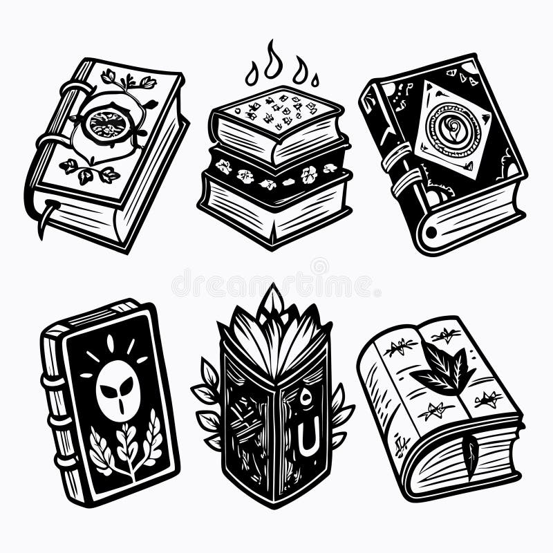 Hand-Drawn Book Stack Doodle Set – 6 Unique Black and White Sketch ...