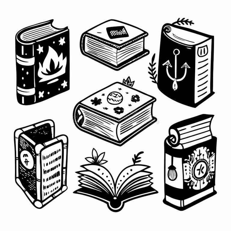 Hand-Drawn Book Stack Doodle Set – 6 Unique Black and White Sketch ...