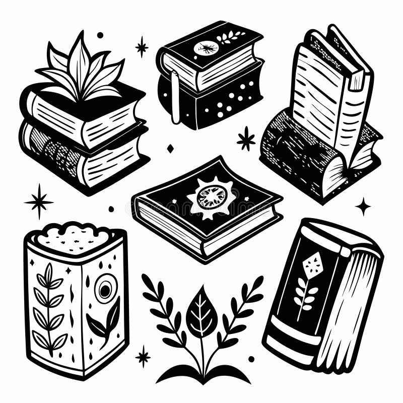 Hand-Drawn Book Stack Doodle Set – 6 Unique Black and White Sketch ...