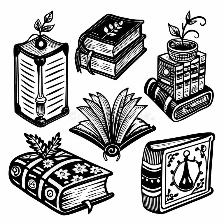 Hand-Drawn Book Stack Doodle Set – 6 Unique Black and White Sketch ...
