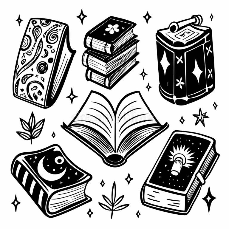 Hand-Drawn Book Stack Doodle Set – 6 Unique Black and White Sketch ...