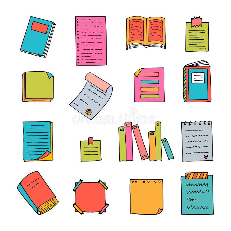 Hand Drawn Books, Documents, Notebook and Sheets of Paper. Library ...