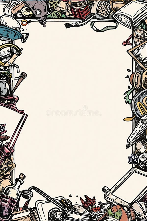 Hand-drawn Border Frame with Various Kitchen and Household Items ...