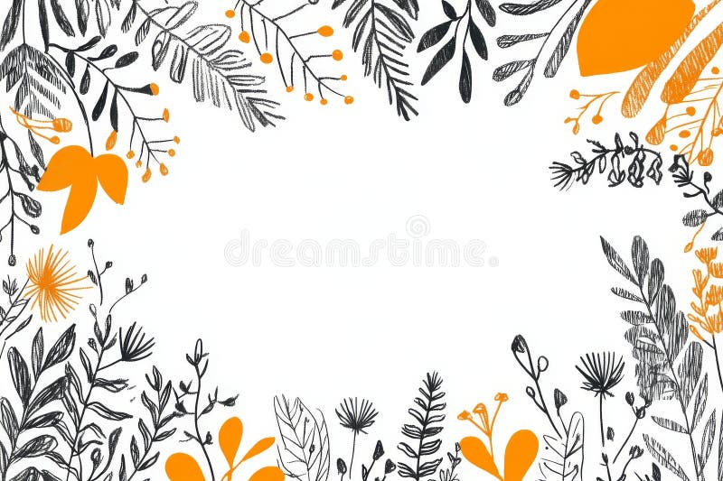 Hand-Drawn Botanical Frame with Orange and Black Floral Elements Stock ...
