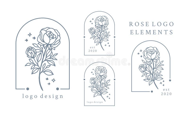 Hand Drawn Botanical Rose Flower Logo Element Collection Stock Vector ...