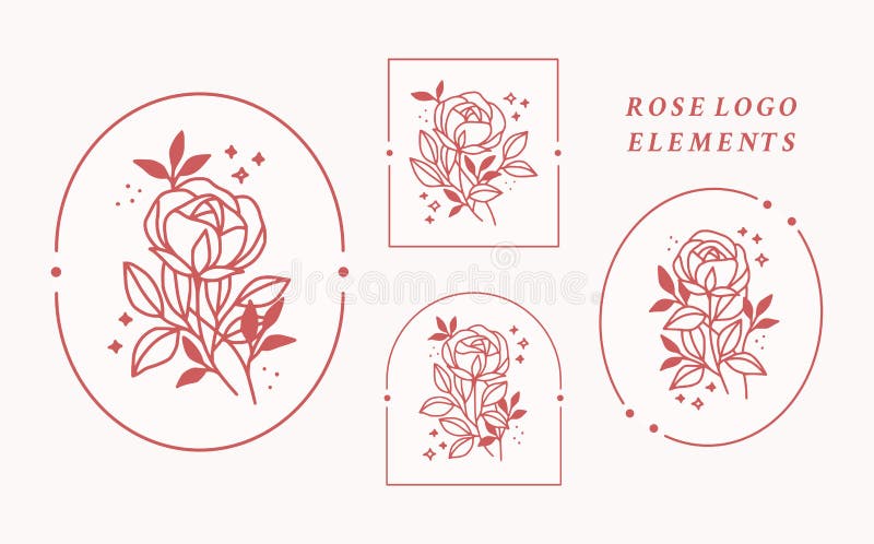 Hand Drawn Botanical Rose Flower Logo Element Collection Stock Vector ...