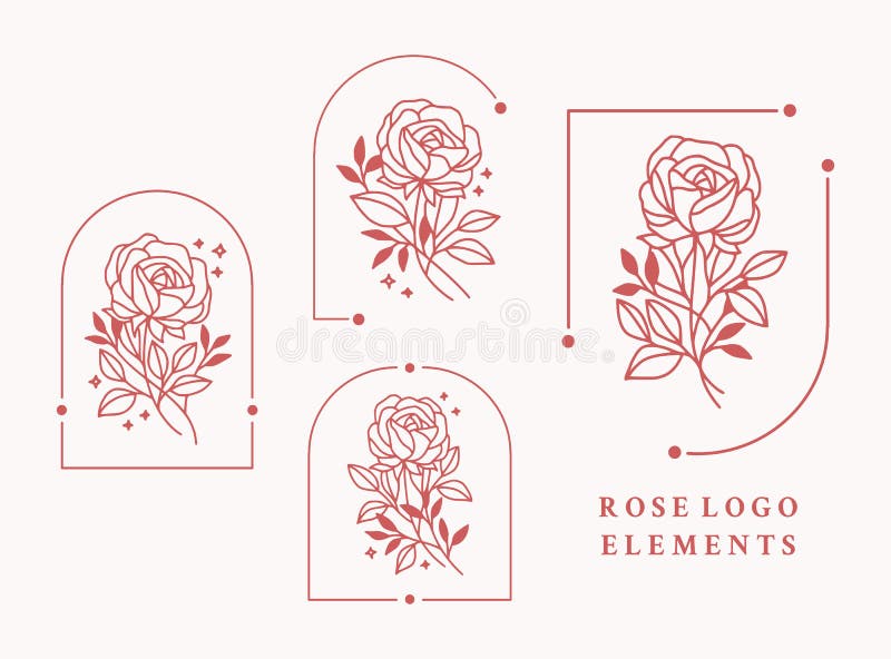 Hand Drawn Botanical Rose Flower Logo Element Collection Stock Vector ...